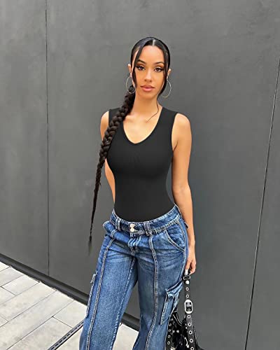 OQQ Women's 3 Piece Bodysuits Sexy Ribbed V Neck Sleeveless Tank Tops Bodysuits Black Tea leaf White