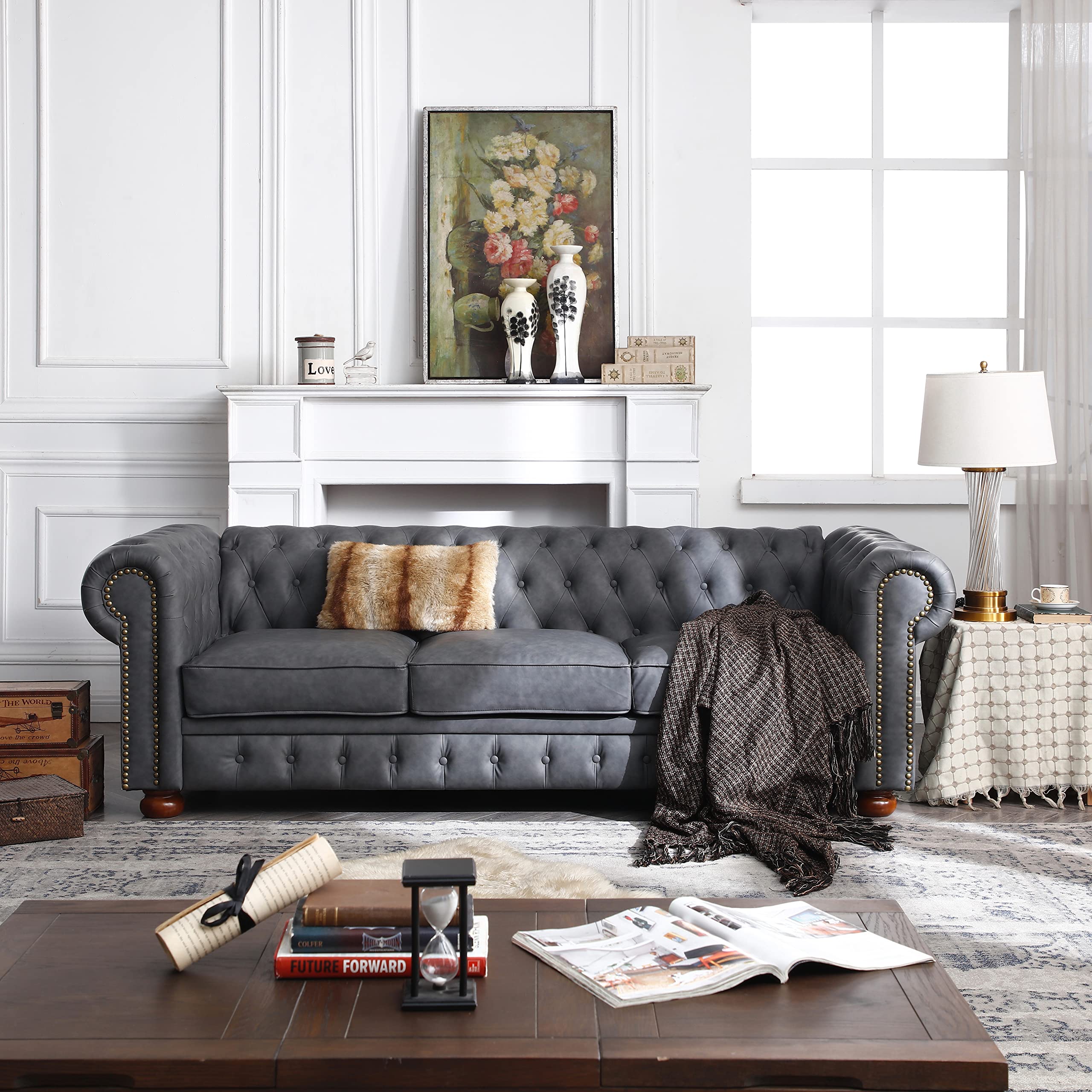 Lepfun 3-Seater Living Room Faux Leather Upholstered Button and Copper Nail on Arms, Classic Chesterfield Sofa, Dark Grey