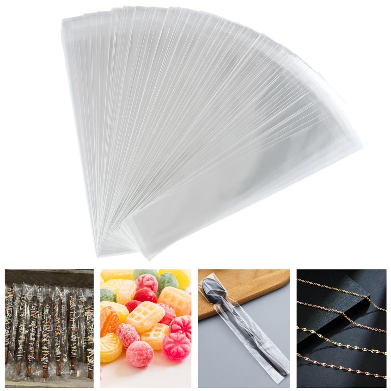 COOLAKE Pretzel Bags 2x9.8 Inch 200 Pcs, Clear Self Sealing Cellophane Bags, Pretzel Rods Individual Bags, Self Adhesive Sealing Treat Bags, for Chocolate, Bakery, Cookies,Candies
