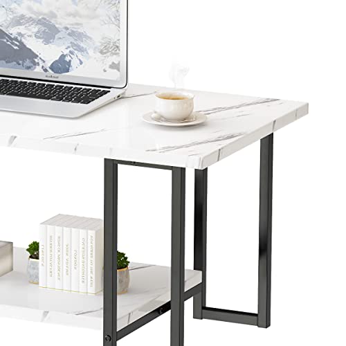 AWQM Marble Coffee Table, Faux Marble Top Rectangular Coffee Table with Black Metal Frame, 2 Tier Living Room Table for Living Room, Office, Balcony, White, 40 Inch