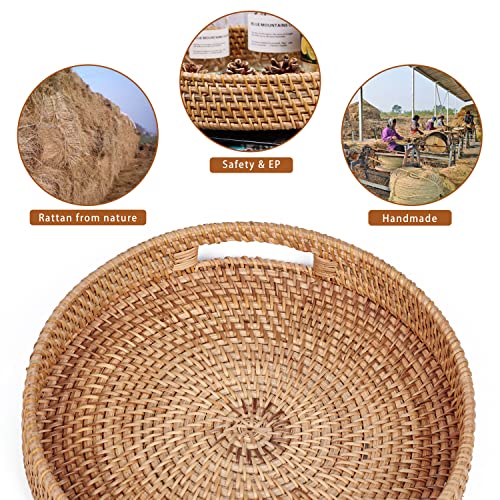 Rattan Round Serving Tray with Handles Large Hand Woven Wicker Basket Tray for Food,Dinner,Breakfast,Coffee Table,Ottoman (Set of 2)