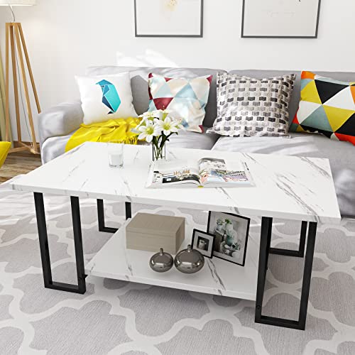 AWQM Marble Coffee Table, Faux Marble Top Rectangular Coffee Table with Black Metal Frame, 2 Tier Living Room Table for Living Room, Office, Balcony, White, 40 Inch