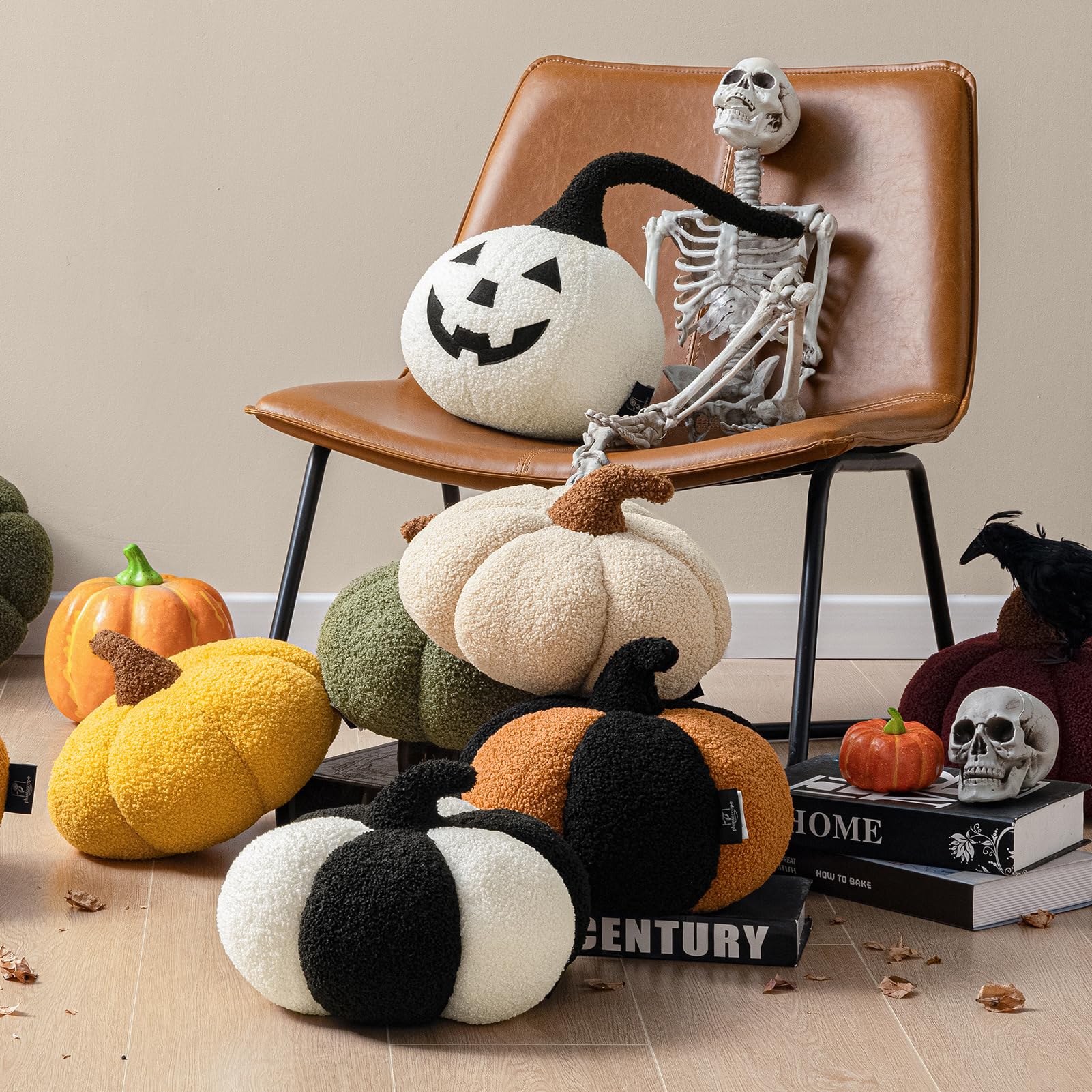 Phantoscope Teddy Fleece Pumpkin Throw Pillows Happy Thanksgiving Ultra Soft Sherpa Decorative Cute 3D Shaped Cushion, Black and White, 6 x 12 inches