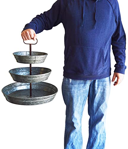 3 Tier Galvanized Steel Serving Tray with Handle, Rustic Vintage Farmhouse Style Party Platters for Cupcakes, Fruit, and Other Desserts or Foods - SciencePurchase