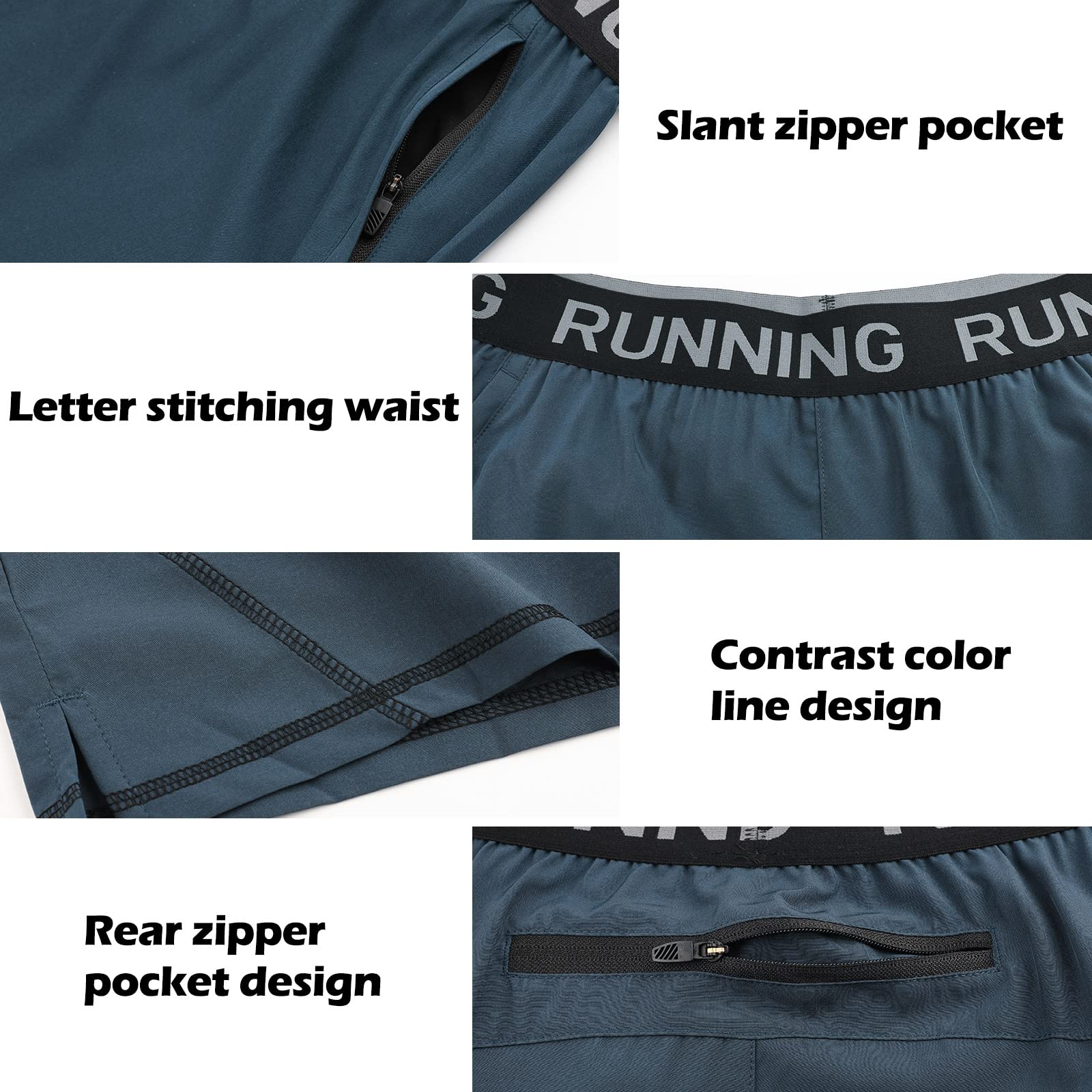 Surenow Men's Workout Running Shorts Quick Dry Athletic Shorts 5" Lightweight Active Gym Shorts with Zipper Pockets Navy Blue