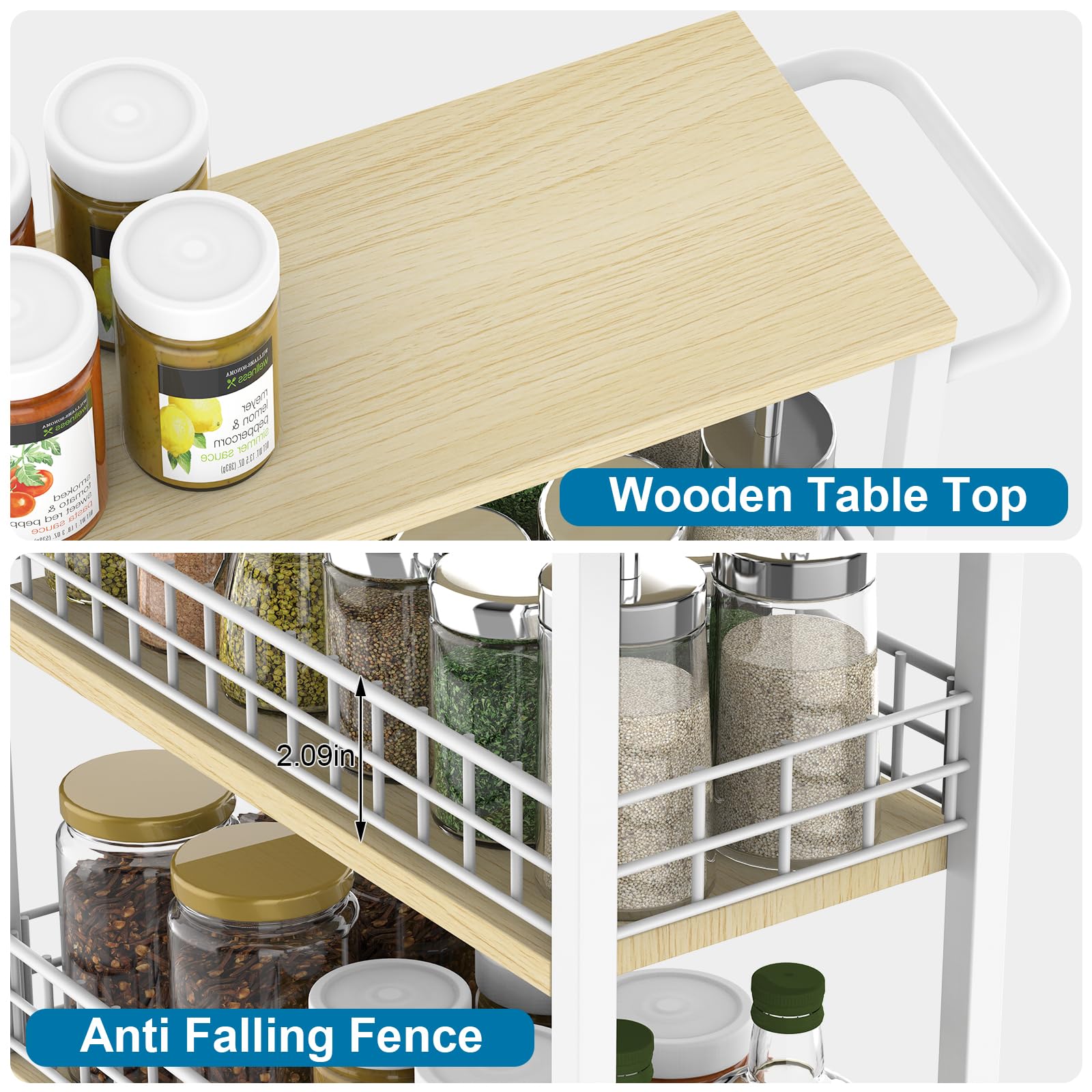 Slim Storage Cart 4-Tier Rolling Kitchen Utility Cart White Narrow Slide Out Laundry Storage Cart on Wheels and Wood Table Top Mobile Shelving Unit Organizer Trolley for Bathroom Small Space 7.3 W
