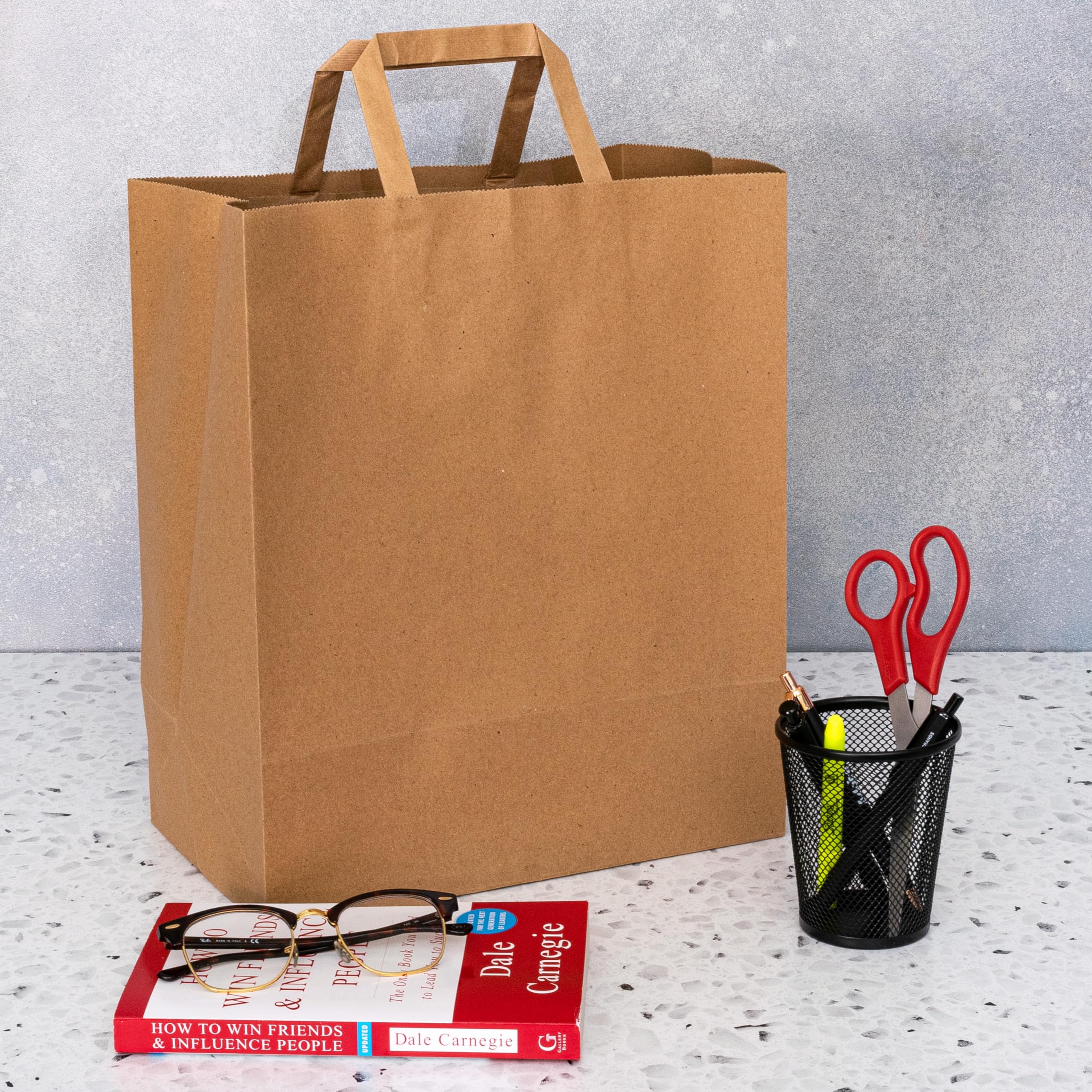 Prime Line Packaging Brown Paper Bags with Handles, Reusable Grocery Tote for Food, Takeout, Delivery, Shopping, Small Business, Bulk, 12x7x14 100 Pack