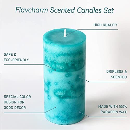 FLAVCHARM Pillar Candles Scented, Ocean Breeze Scented Candles, 3 Pack Teal Candles 3x6 inch Long-Lasting Clean Burning Candles, Turquoise Candles for Home Décor, Bathroom, Wedding Decorations