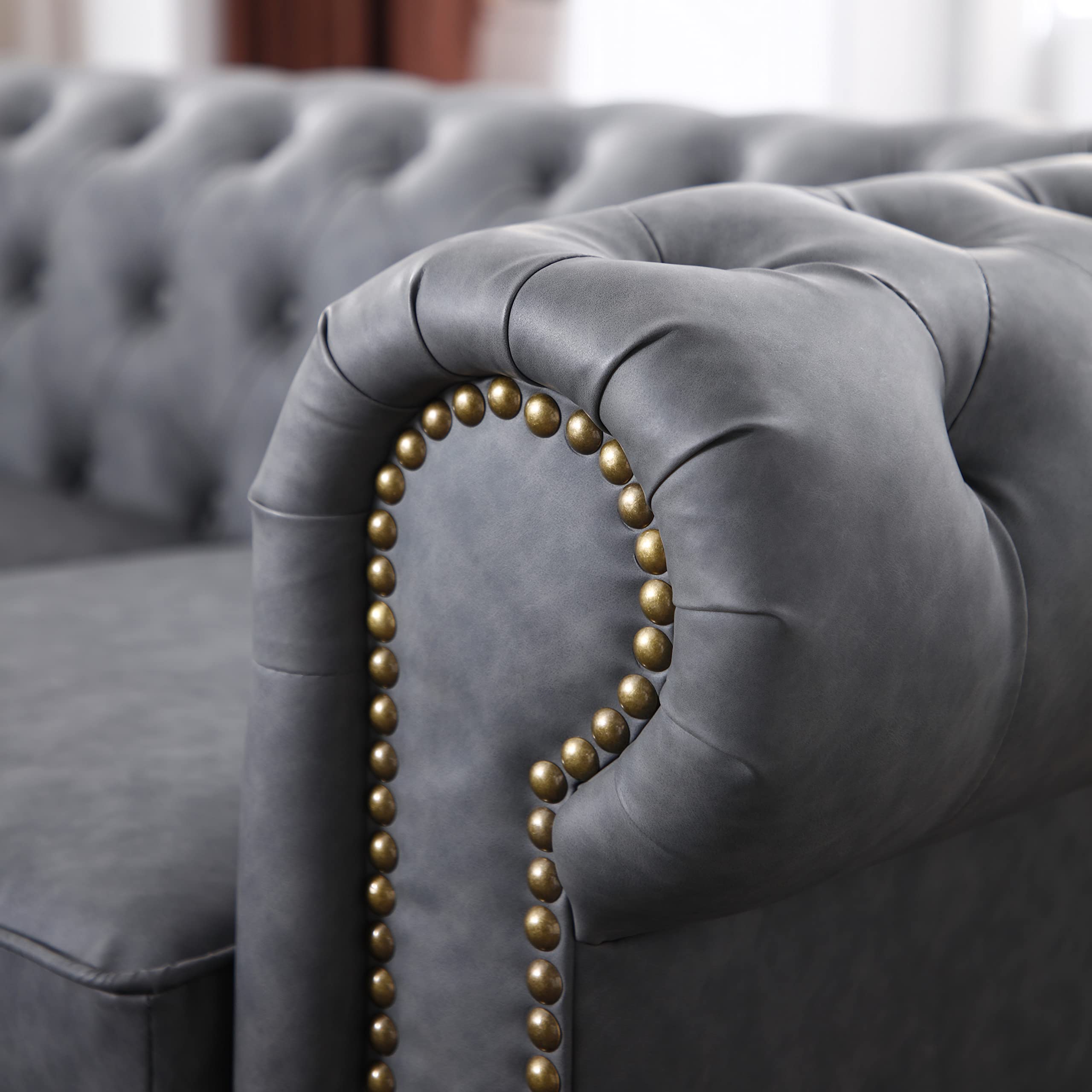 Lepfun 3-Seater Living Room Faux Leather Upholstered Button and Copper Nail on Arms, Classic Chesterfield Sofa, Dark Grey