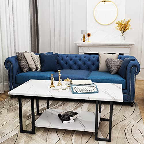 AWQM Marble Coffee Table, Faux Marble Top Rectangular Coffee Table with Black Metal Frame, 2 Tier Living Room Table for Living Room, Office, Balcony, White, 40 Inch