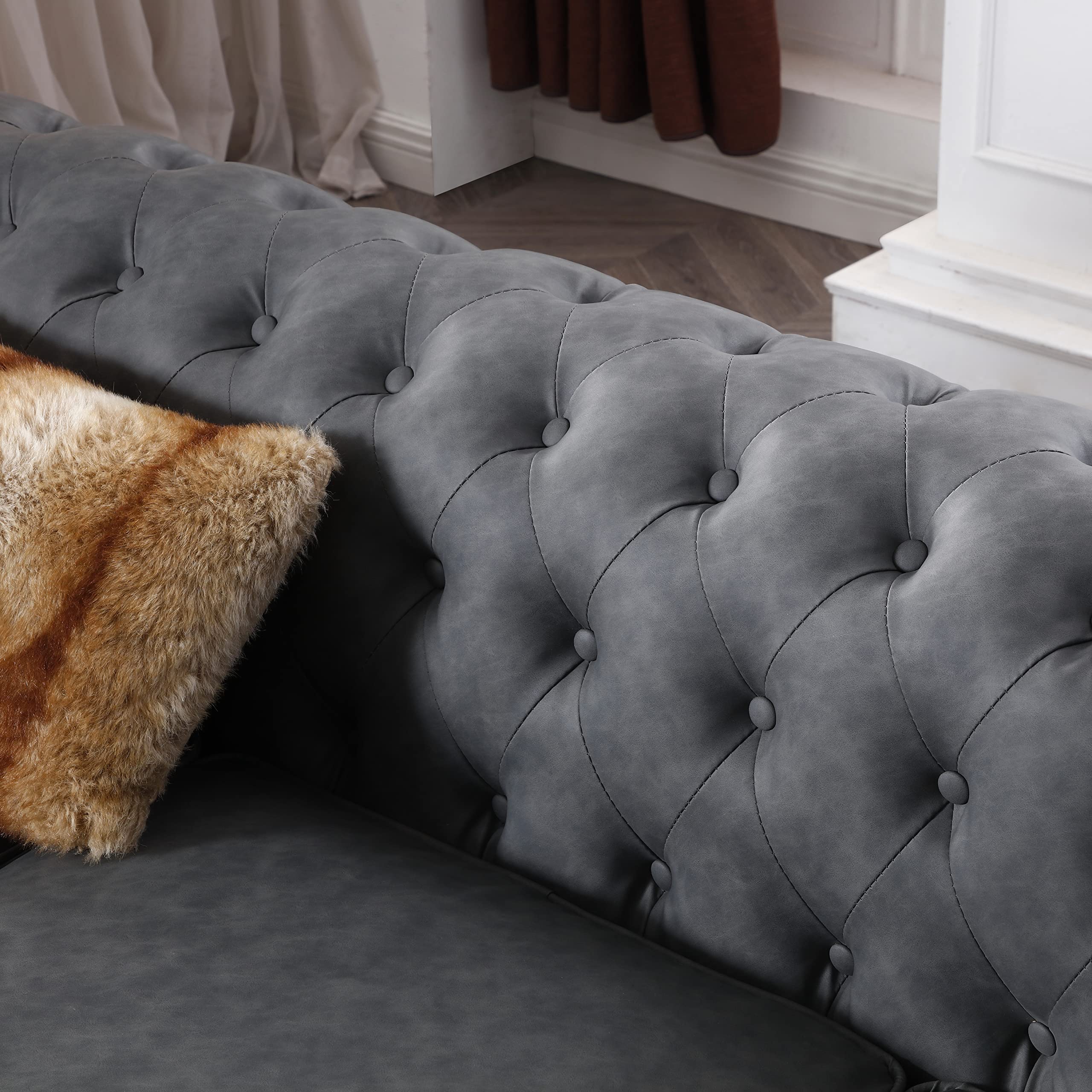 Lepfun 3-Seater Living Room Faux Leather Upholstered Button and Copper Nail on Arms, Classic Chesterfield Sofa, Dark Grey