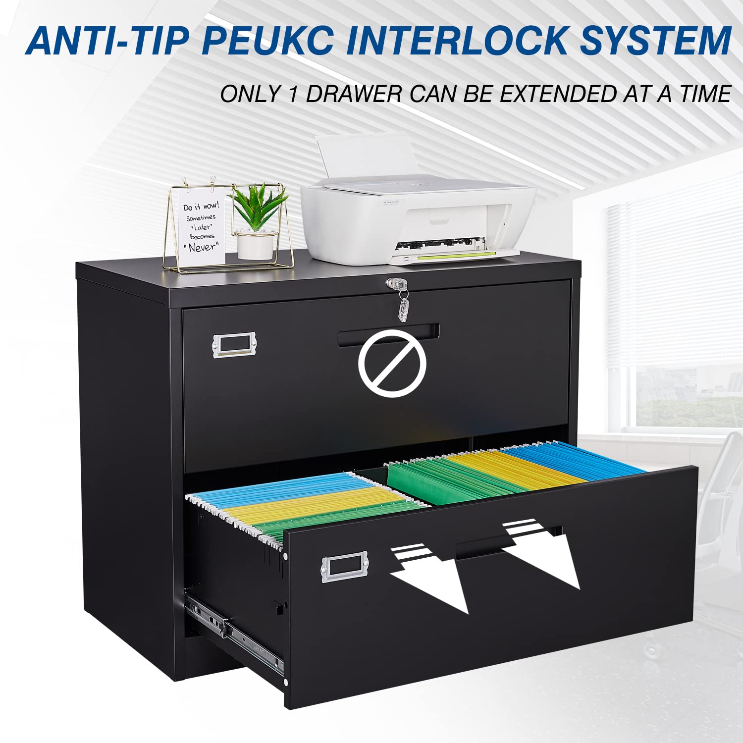 PEUKC 2 Drawer File Cabinet, Lateral Filing Cabinets for Home Office, Office Storage Drawers with Lock, Hanging Files Legal/Letter A4 Size (Assemble Required,Black)