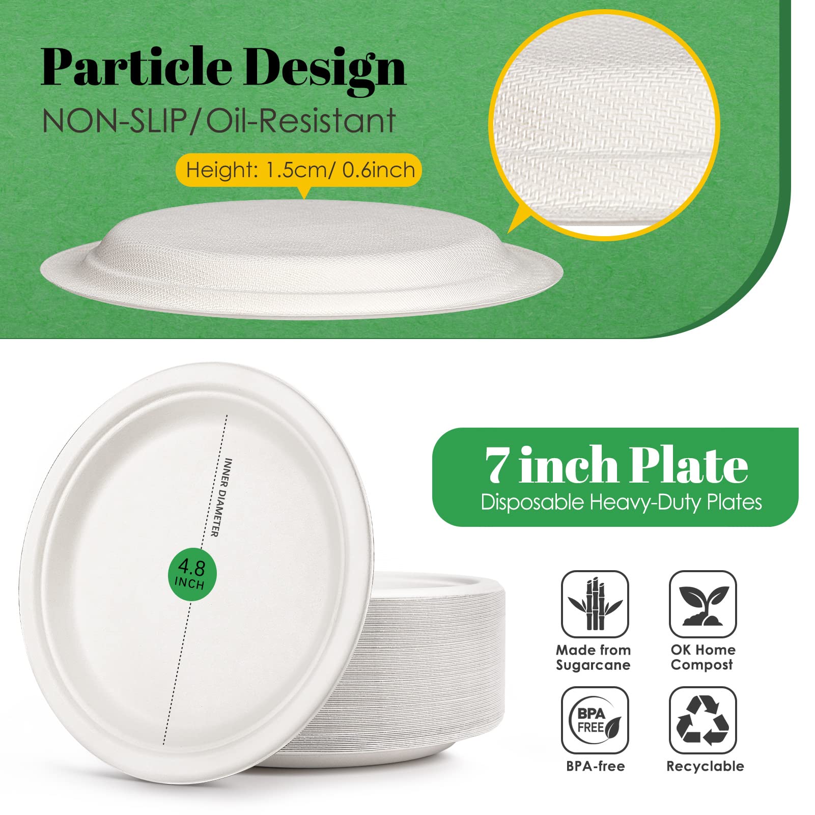Gezond 100% Compostable Paper Plates 7 Inch 50pcs Disposable Heavy-Duty Plates Unbleached Eco-Friendly Plate Made of Sugarcane Fiber-1