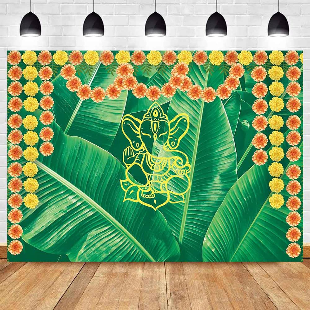 MAQTT Indian Festival Ganesh Chaturthi Backdrop for Festival Party Decoration Green Tropical Palm Leaf Photography Backdrop Indian Culture Religious Event Decor 7x5ft