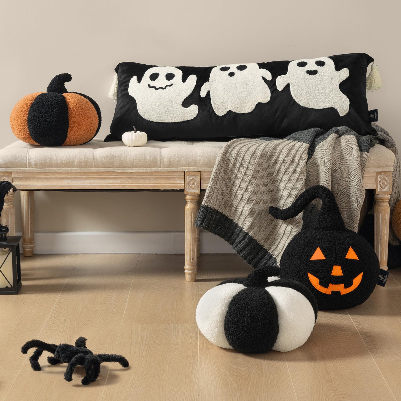 Phantoscope Teddy Fleece Pumpkin Throw Pillows Happy Thanksgiving Ultra Soft Sherpa Decorative Cute 3D Shaped Cushion, Black and White, 6 x 12 inches