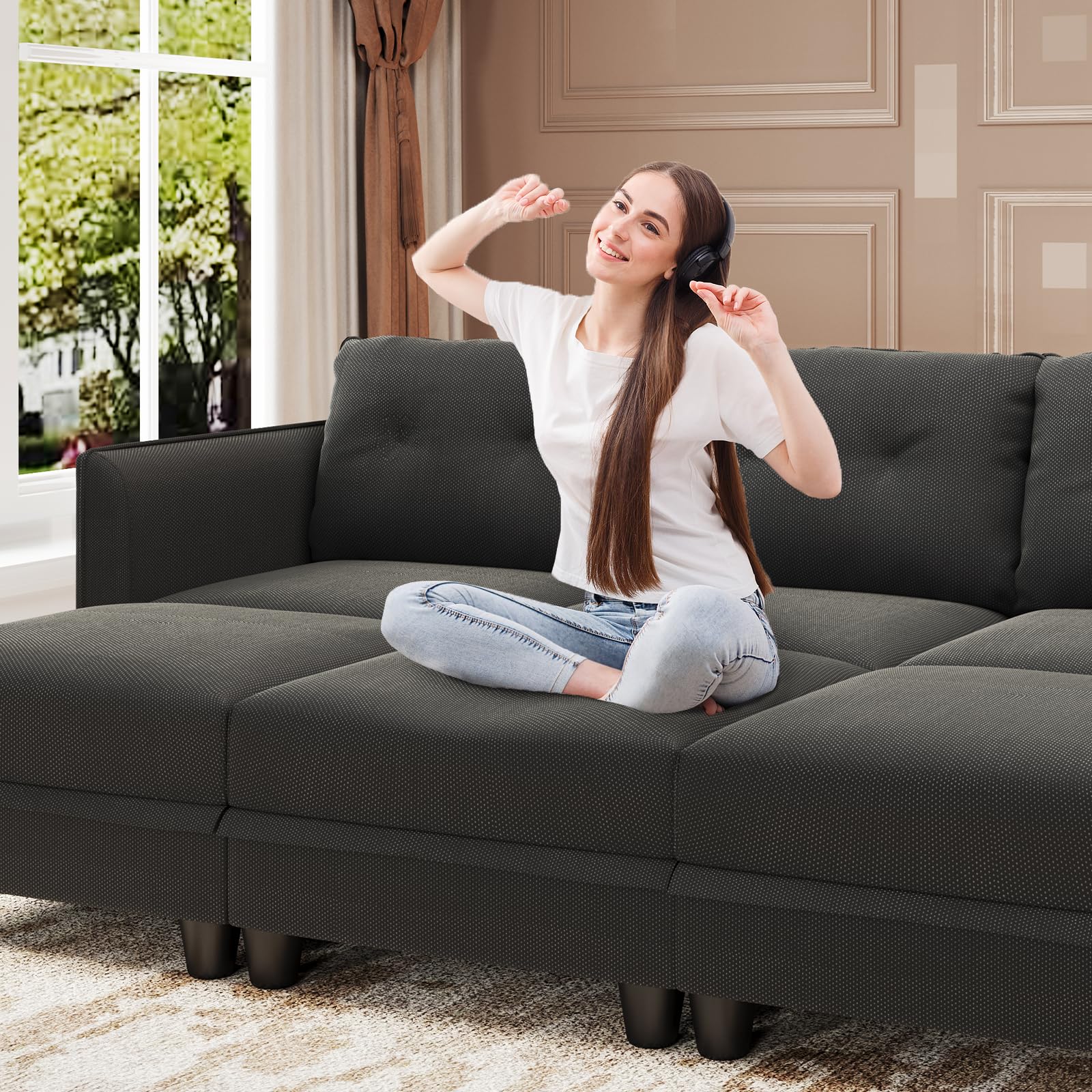 LLappuil Modular Sectional Sofa with Storage U Shaped Couch with Reversible Chaise Luxury Velvet Sofas for Living Room 4 Seats with 3 Ottomans Denim Black Grey