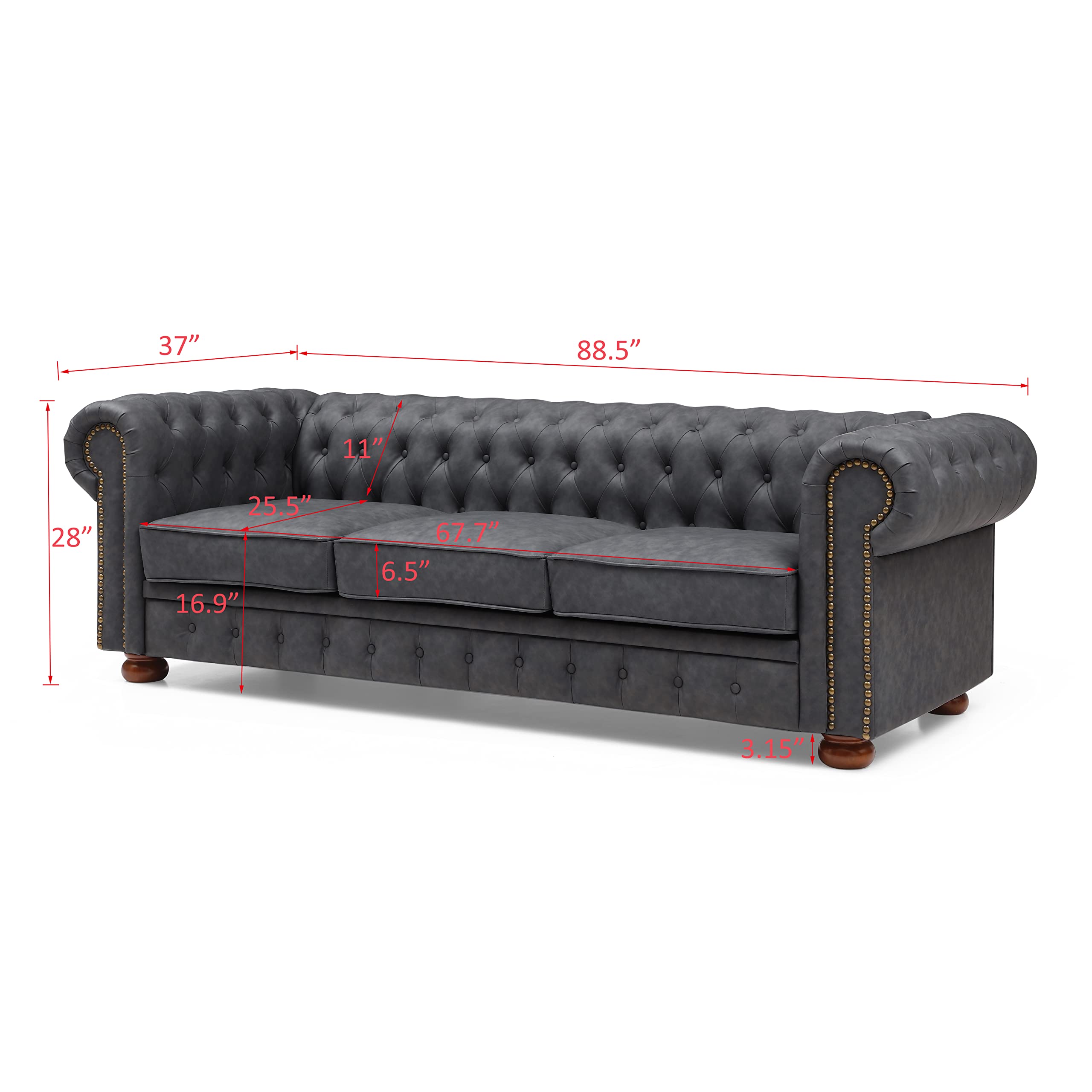 Lepfun 3-Seater Living Room Faux Leather Upholstered Button and Copper Nail on Arms, Classic Chesterfield Sofa, Dark Grey