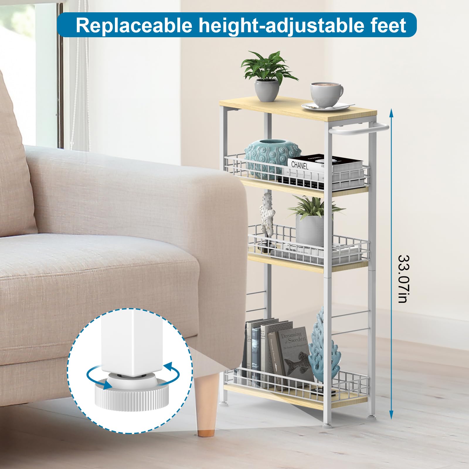 Slim Storage Cart 4-Tier Rolling Kitchen Utility Cart White Narrow Slide Out Laundry Storage Cart on Wheels and Wood Table Top Mobile Shelving Unit Organizer Trolley for Bathroom Small Space 7.3 W