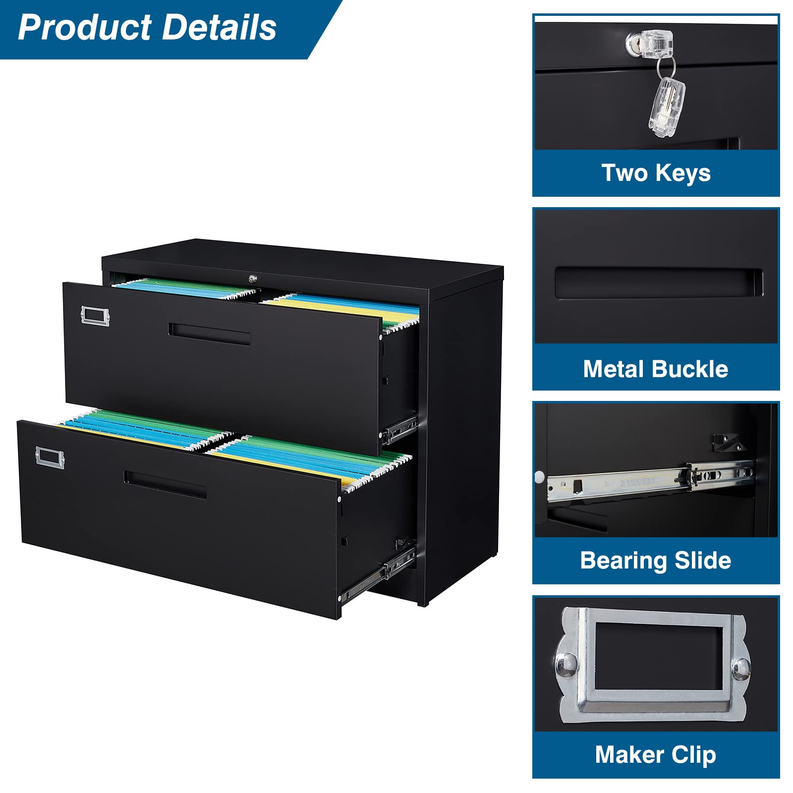 PEUKC 2 Drawer File Cabinet, Lateral Filing Cabinets for Home Office, Office Storage Drawers with Lock, Hanging Files Legal/Letter A4 Size (Assemble Required,Black)