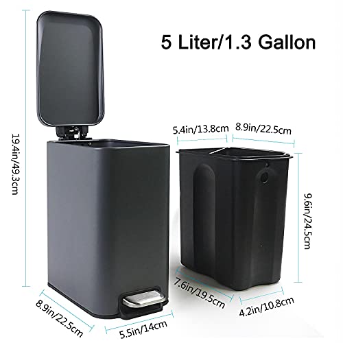 1.3 Gallon/5 Liter Small Trash Can with Lid Soft Close, Removable Inner Wastebasket, Rectangular Step Trash Can, Slim Garbage Can for Bathroom Bedroom Office, Anti-Fingerprint Matte Finish, Light Gray
