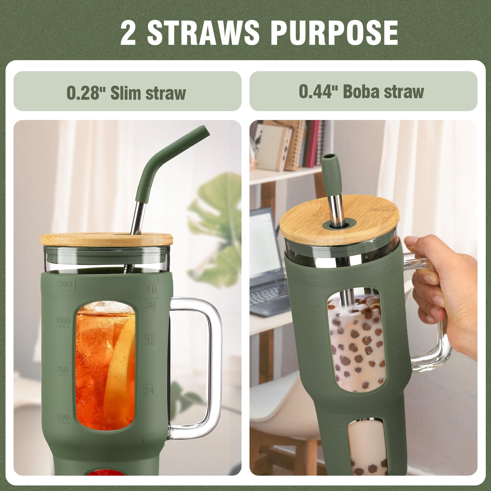 WINSA Glass Tumbler with Lid and Straw, 46 oz Iced Coffee Cup with Handle, Glass Water Bottles with Silicone Sleeve, Glass Cup with Straws - Pearl Straw & Drinking Straw BPA Free-Olive