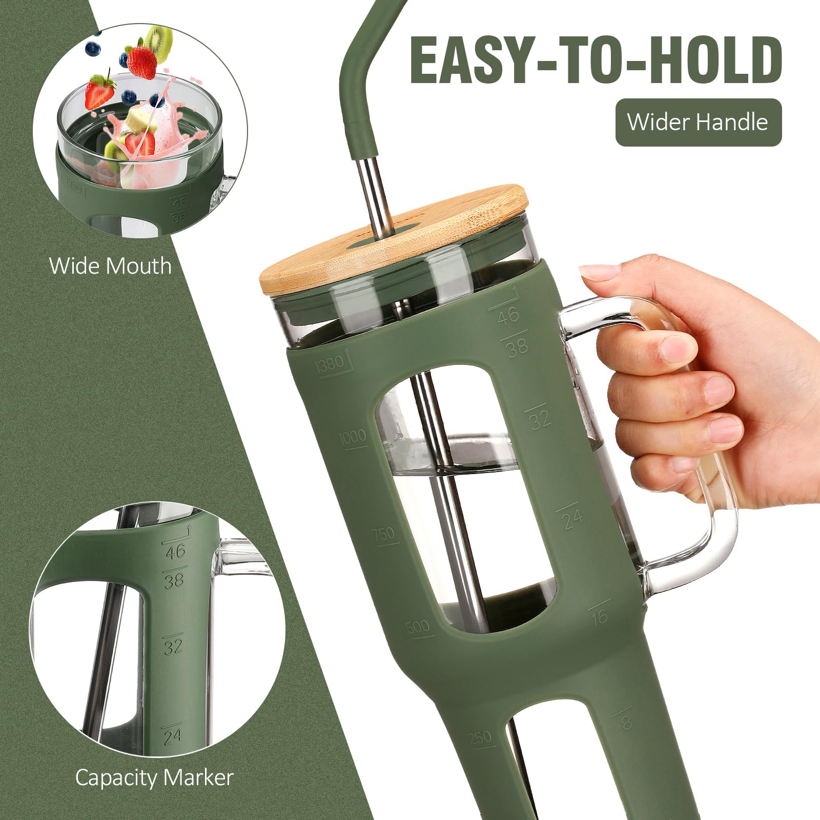 WINSA Glass Tumbler with Lid and Straw, 46 oz Iced Coffee Cup with Handle, Glass Water Bottles with Silicone Sleeve, Glass Cup with Straws - Pearl Straw & Drinking Straw BPA Free-Olive