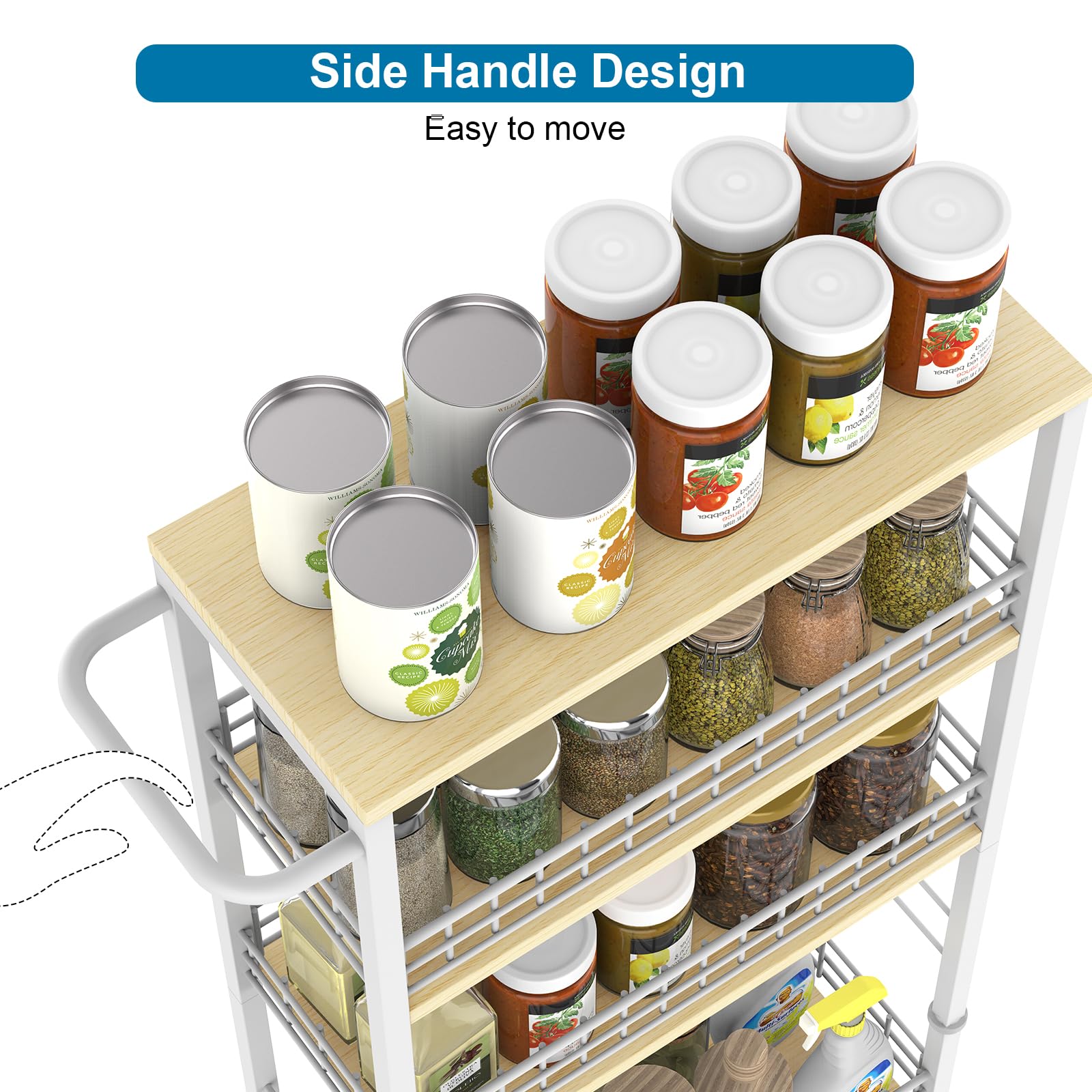 Slim Storage Cart 4-Tier Rolling Kitchen Utility Cart White Narrow Slide Out Laundry Storage Cart on Wheels and Wood Table Top Mobile Shelving Unit Organizer Trolley for Bathroom Small Space 7.3 W