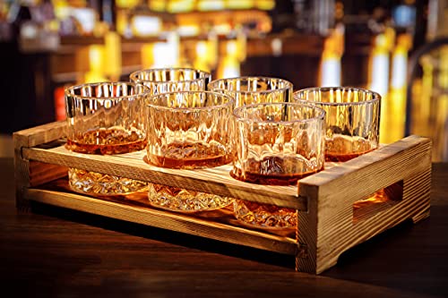 Mloxy Whiskey Glass Server Universal | Drink Carrier Six Glass Holder| Rustic Wood Bar Serving Tray | Server Tray for Home & Bars | 13.5x8x3β Bar Tray | Whiskey Serving Tray | Drink Caddy
