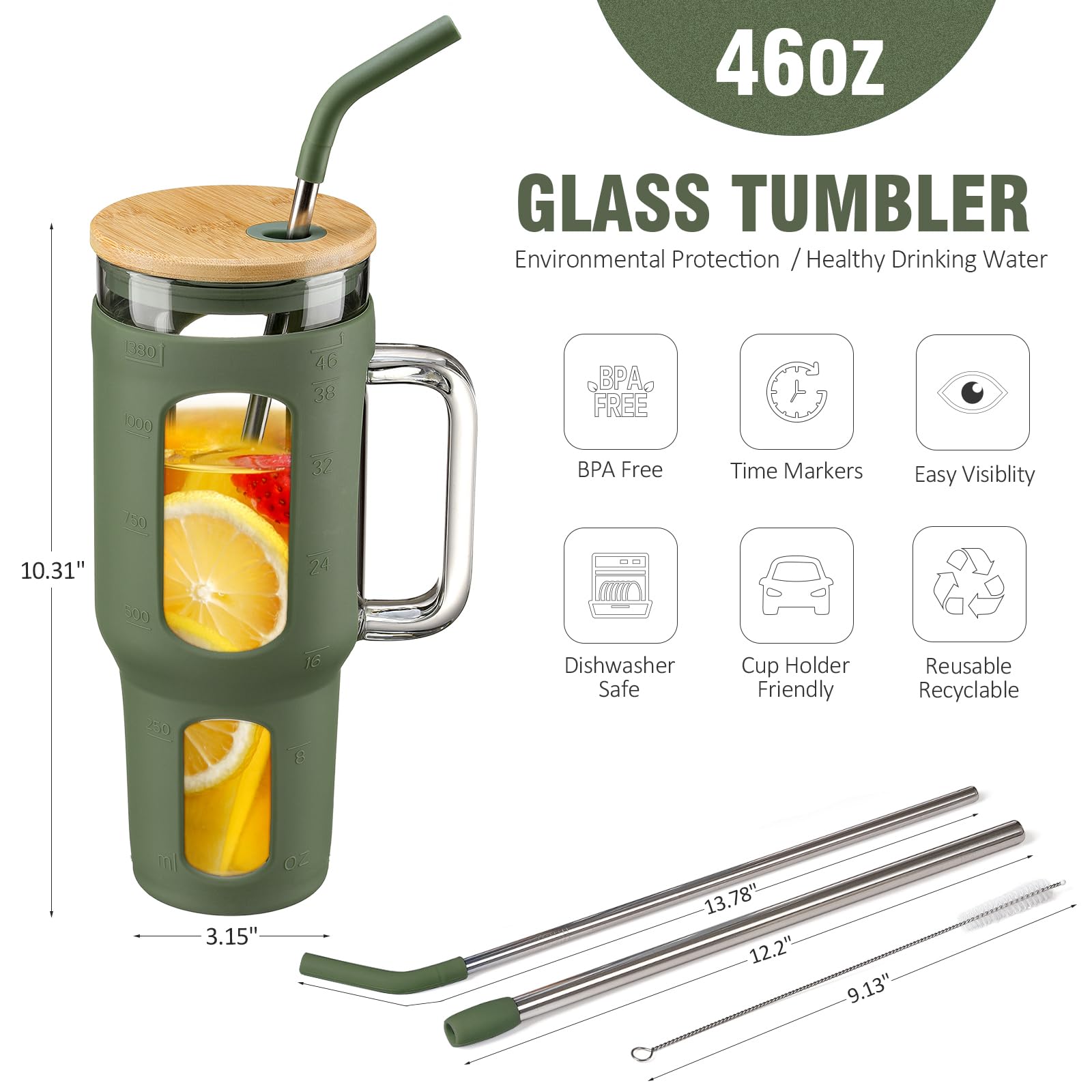 WINSA Glass Tumbler with Lid and Straw, 46 oz Iced Coffee Cup with Handle, Glass Water Bottles with Silicone Sleeve, Glass Cup with Straws - Pearl Straw & Drinking Straw BPA Free-Olive