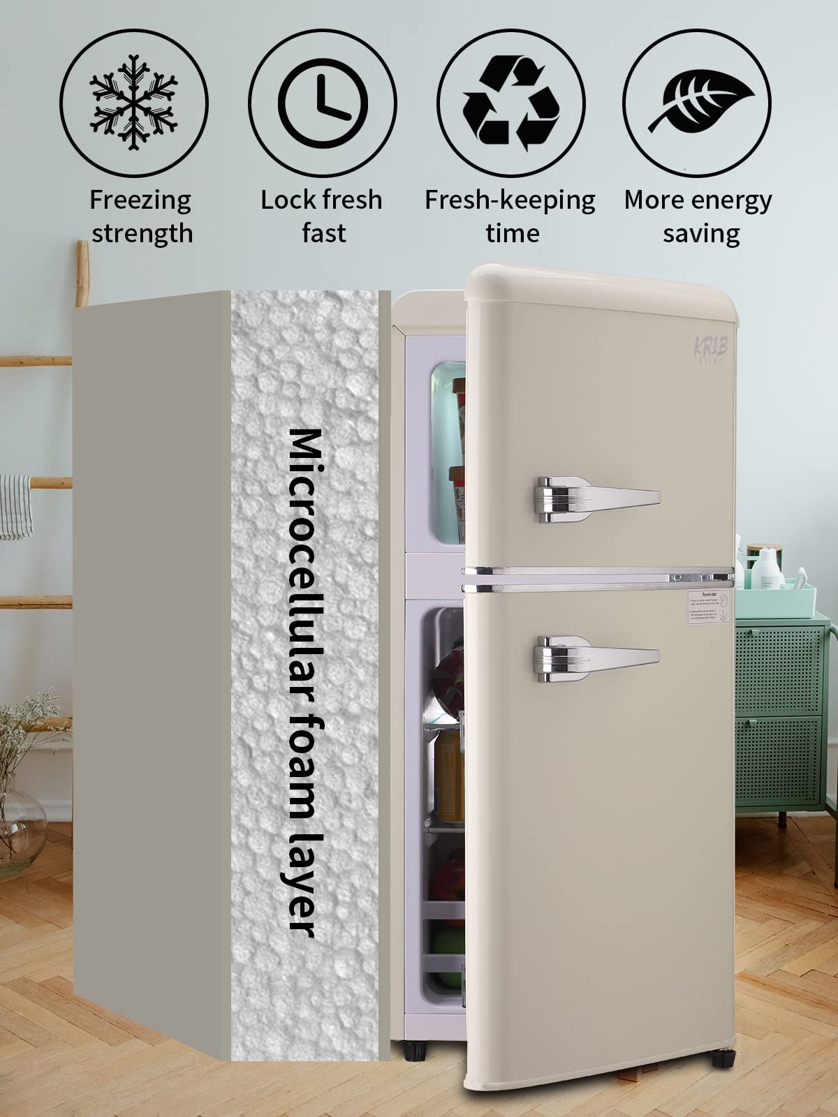 KRIB BLING 3.5 Cu.Ft Compact Refrigerator Mini Fridge with Freezer,7 Level Adjustable Thermostat Removable Shelves Small Refrigerator for Office Dorm Apartment White, Cream (KB02 FLS-80-CREAM)