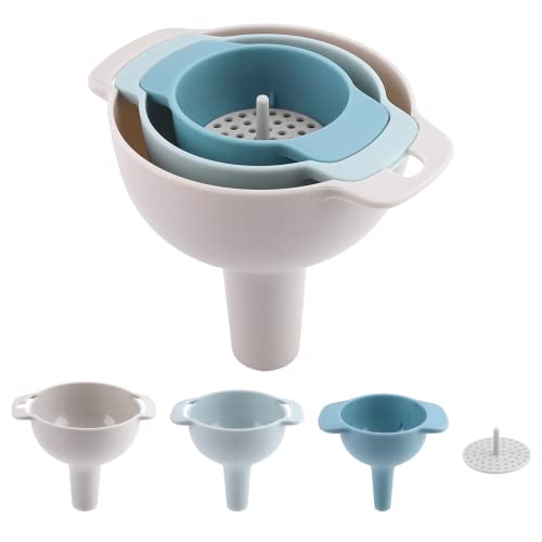 NileHome Funnels for Kitchen Use Removable Kitchen Funnels Set of 3 Food Grade PP Plastic Funnels Wide Mouth Oil Funnels with Strainer Filter for Filling Bottles, Liquid, Powder, Solid Particles