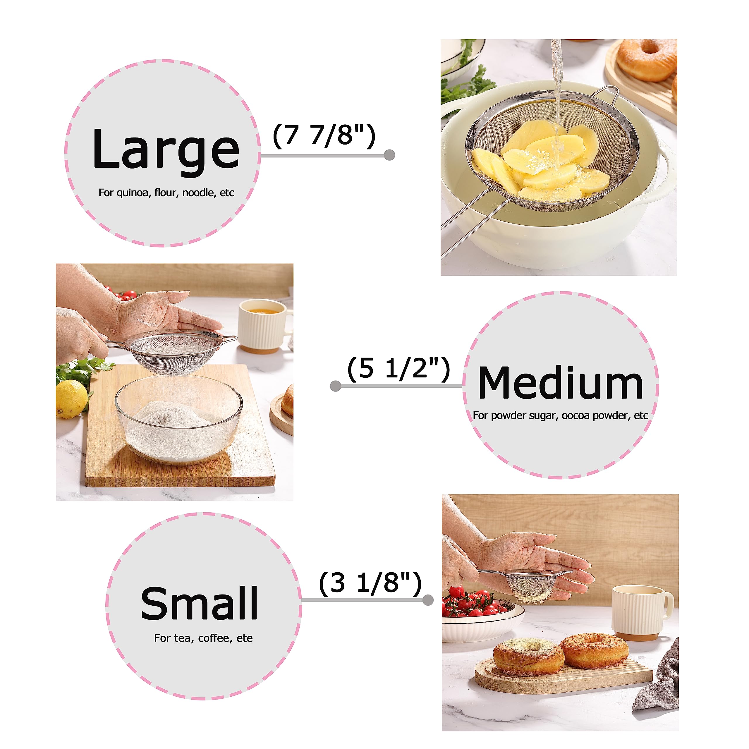 3PCS Fine Mesh Strainers Set, Little Cook Stainless Steel Colanders and Sifters with Sturdy Handle, Perfect for Sift, Strain, Drain and Rinse Vegetables, Pastas and Tea(Large + Medium + Small,3PCS)