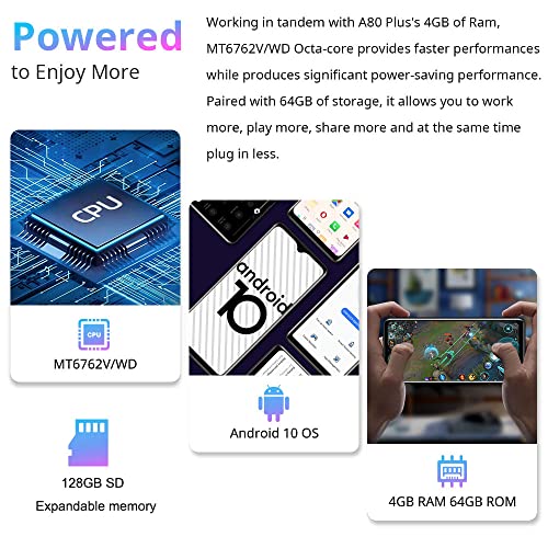 Blackview Unlocked Smartphones, A80 Plus, Dual sim Unlocked Cell Phones, Bundle Android 10 OS 4GB+64GB ROM, 6.5" HD+, Fingerprint Face Detection, 4680mAh Capacity Battery, 4G tmobile Android Phone