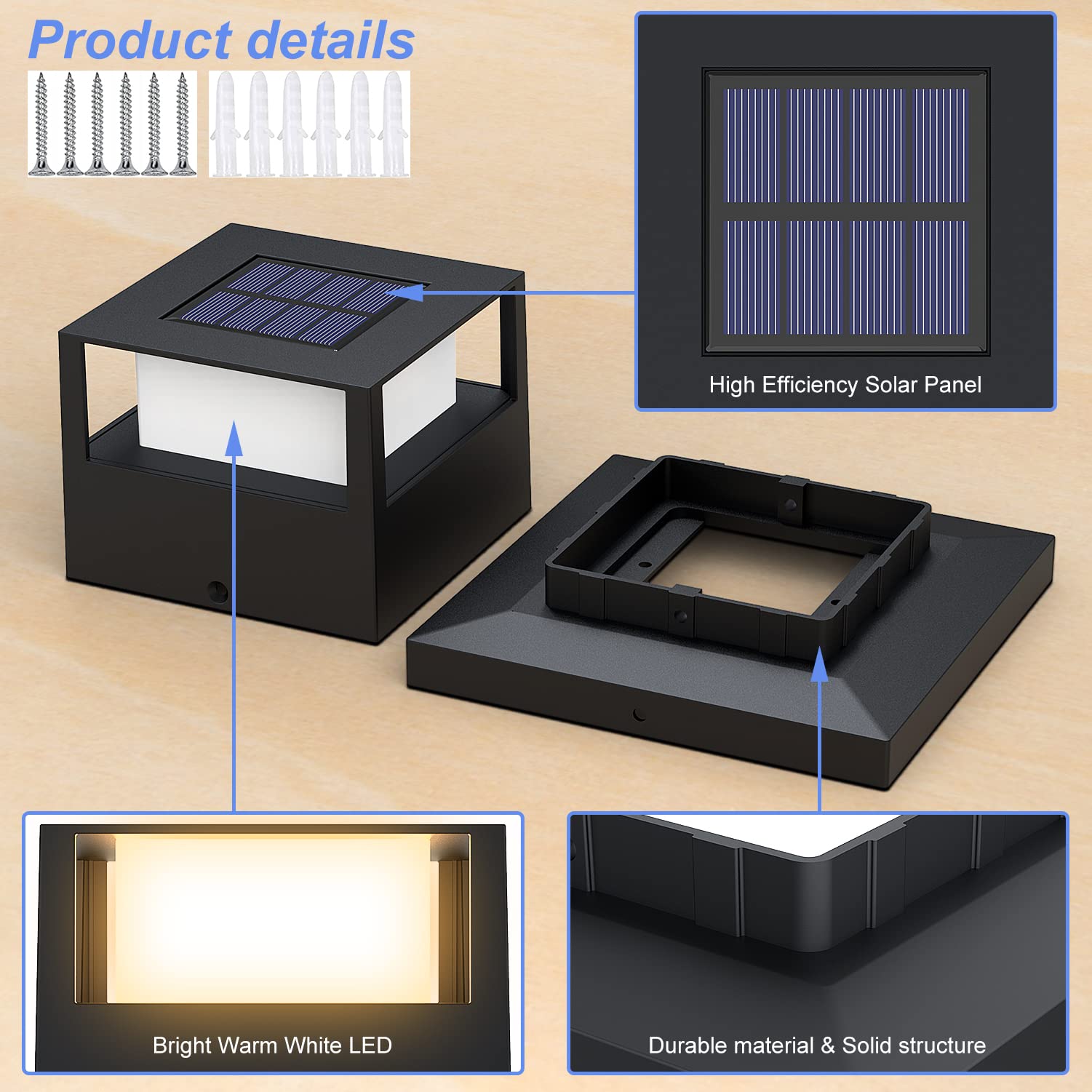8 Pack Solar Post Lights Outdoor Solar Post Cap Lights, 20 Lumen High Brightness Waterproof LED Fence Post Solar Lights with Base for 4x4 5x5 6x6 Wooden Posts,Black