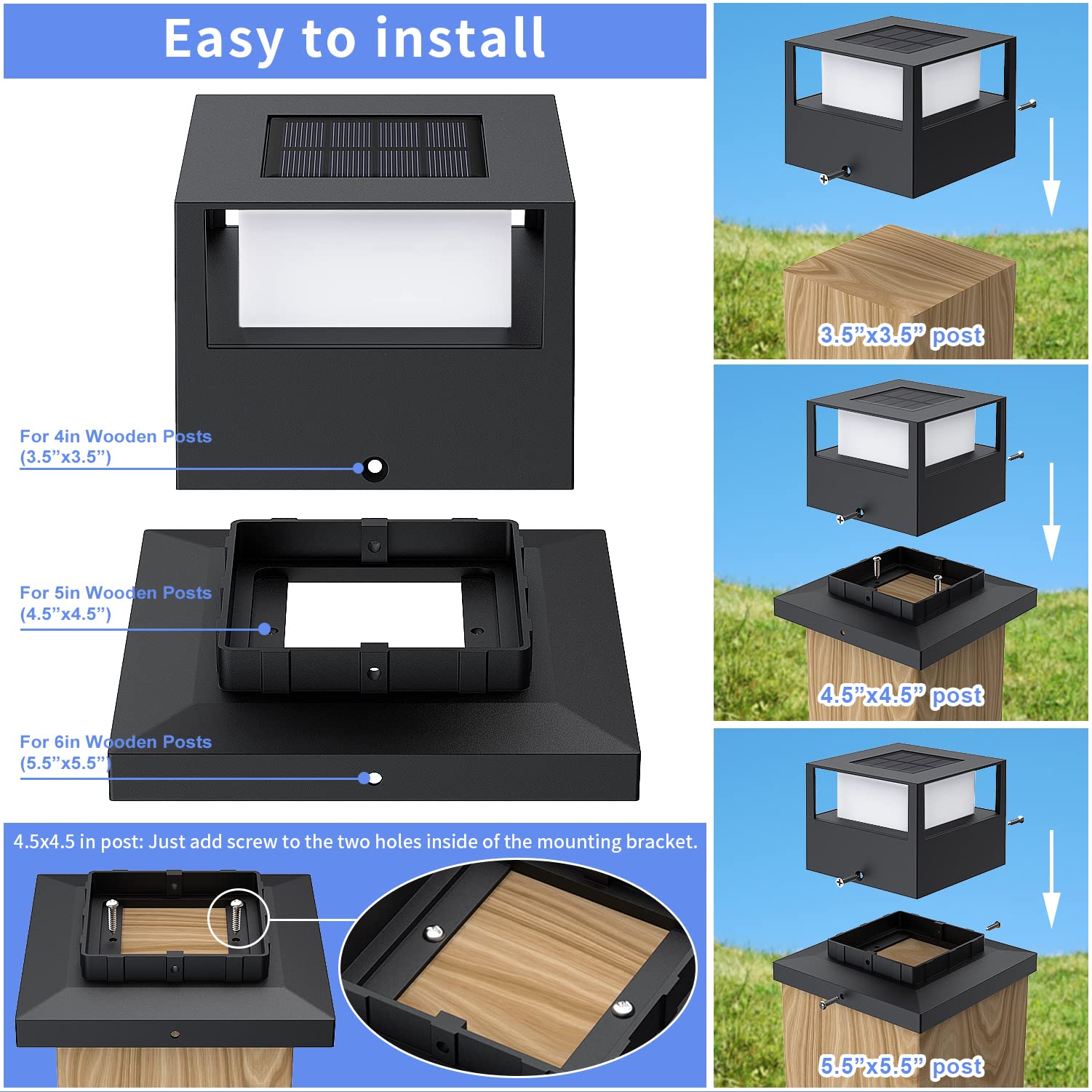 8 Pack Solar Post Lights Outdoor Solar Post Cap Lights, 20 Lumen High Brightness Waterproof LED Fence Post Solar Lights with Base for 4x4 5x5 6x6 Wooden Posts,Black