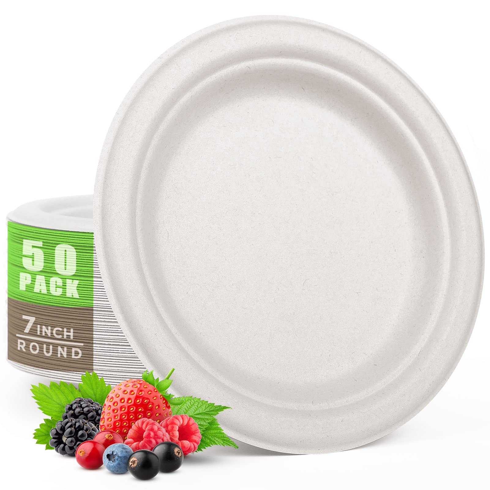 Gezond 100% Compostable Paper Plates 7 Inch 50pcs Disposable Heavy-Duty Plates Unbleached Eco-Friendly Plate Made of Sugarcane Fiber-1