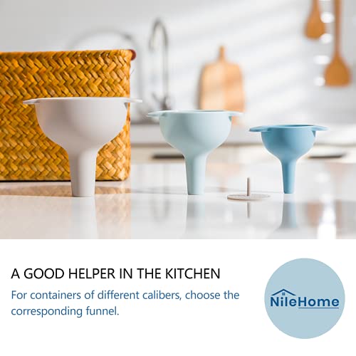 NileHome Funnels for Kitchen Use Removable Kitchen Funnels Set of 3 Food Grade PP Plastic Funnels Wide Mouth Oil Funnels with Strainer Filter for Filling Bottles, Liquid, Powder, Solid Particles