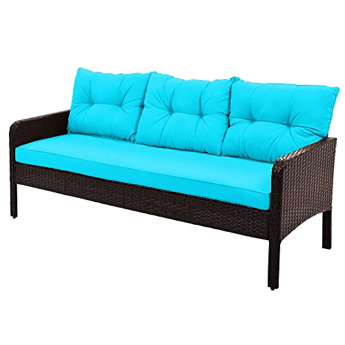 BIADNBZ 6-Piece Outdoor Furniture PE Rattan Patio Sofa Conversation Set with Dining Table and Removable Backyard, Poolside, Deck, Brown Wicker+Blue Cushion