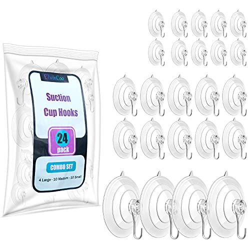 ETwinCoo 24 Pack All-Purpose Suction Cups Hooks Combo Set of Strongest Window Suction Cups with Hooks (4 Large, 10 Medium, 10 Small)