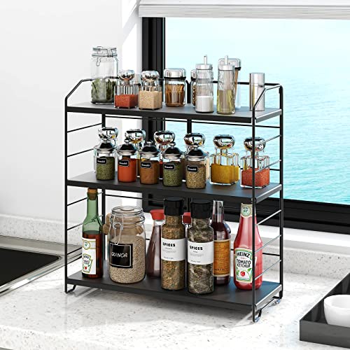 BOIVSHI 3-Tier Bathroom Countertop Organizer, 8-levels Height Adjustable Bathroom Counter Organizer Storage Shelf for Bathroom Kitchen Spice Rack Vanity Tray Cosmetic Storage Holder, Metal Black