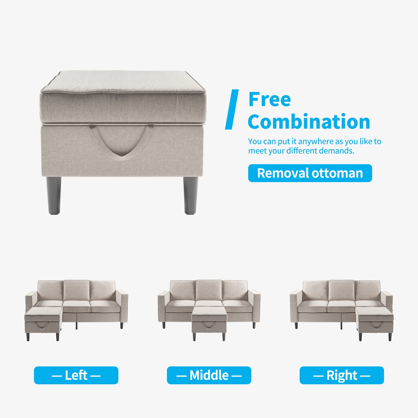 Mjkone 3 Pcs Sectional Sofa Couch Set with Solid Wooden Legs, Modern Couch Sets with Storage Ottoman, Sofa and Loveseat Set with 8 Side Pockets, Living Room Furniture Set for Living Room (Beige)