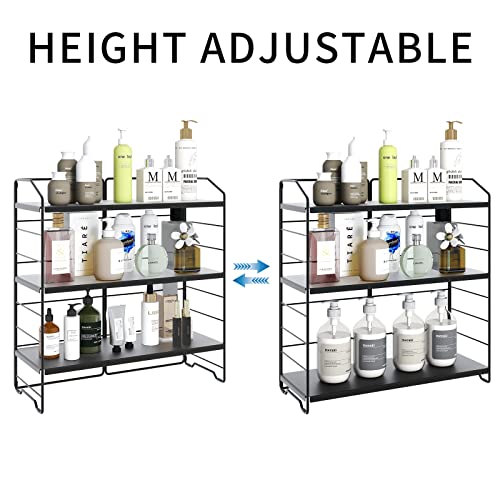 BOIVSHI 3-Tier Bathroom Countertop Organizer, 8-levels Height Adjustable Bathroom Counter Organizer Storage Shelf for Bathroom Kitchen Spice Rack Vanity Tray Cosmetic Storage Holder, Metal Black