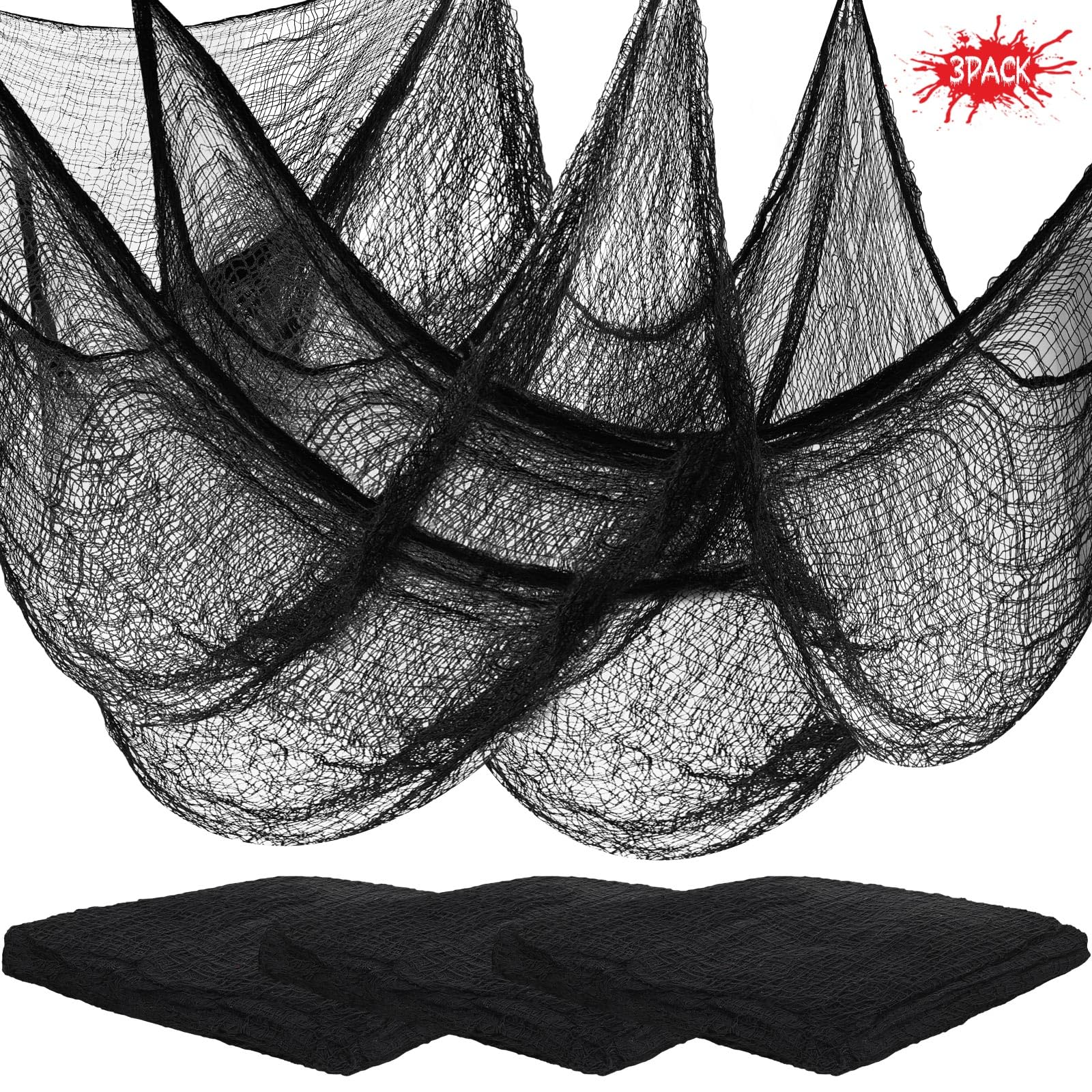 Tranqun 3 Pcs Halloween Creepy Cloth 80 x 400 Inch Black Halloween Gauze Cloth Giant Spooky Fabric Cloth for Haunted House Indoor Outdoor Party Decor Supplies Backdrops for Garden, Doorways, Yard