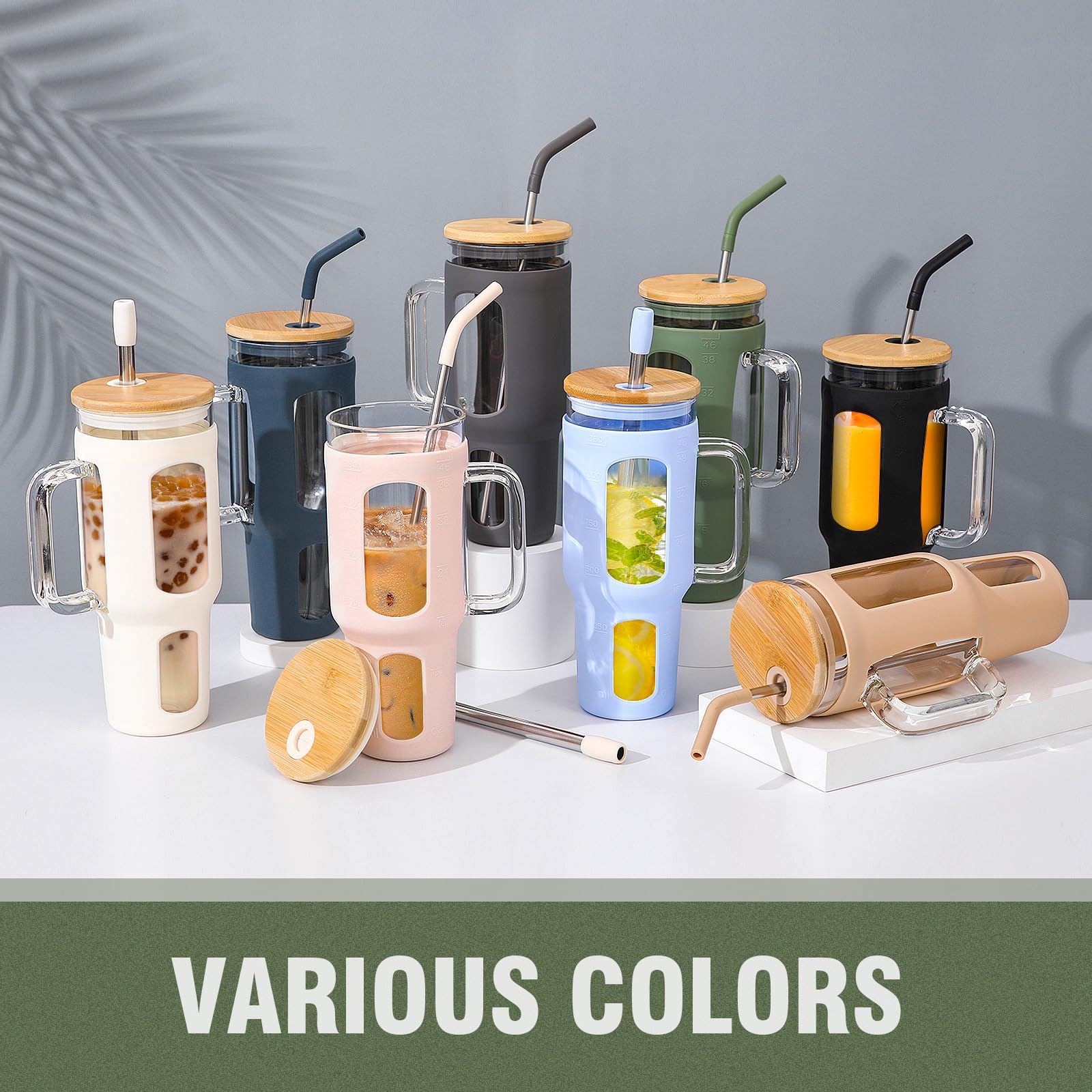 WINSA Glass Tumbler with Lid and Straw, 46 oz Iced Coffee Cup with Handle, Glass Water Bottles with Silicone Sleeve, Glass Cup with Straws - Pearl Straw & Drinking Straw BPA Free-Olive