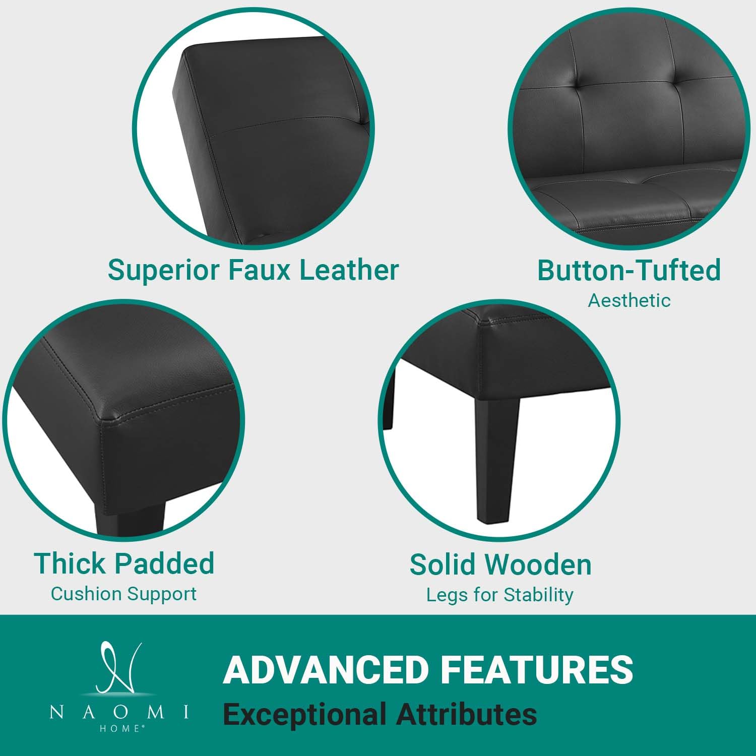 Naomi Home Button Tufted Futon Sofa Bed, Faux Leather Futon Couch, Modern Convertible Folding Sofa Bed Couch with Wooden Legs, Reclining Small Couch Bed, Futon Bed for Living Room, Dorm Black
