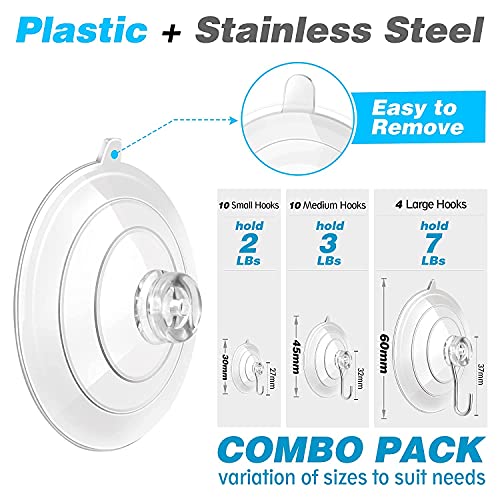 ETwinCoo 24 Pack All-Purpose Suction Cups Hooks Combo Set of Strongest Window Suction Cups with Hooks (4 Large, 10 Medium, 10 Small)