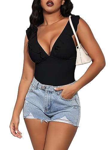 Donnalla Women’s Sexy Deep V Neck Ruffle Sleeveless Backless Double Lined Thong Tank Bodysuits Tops