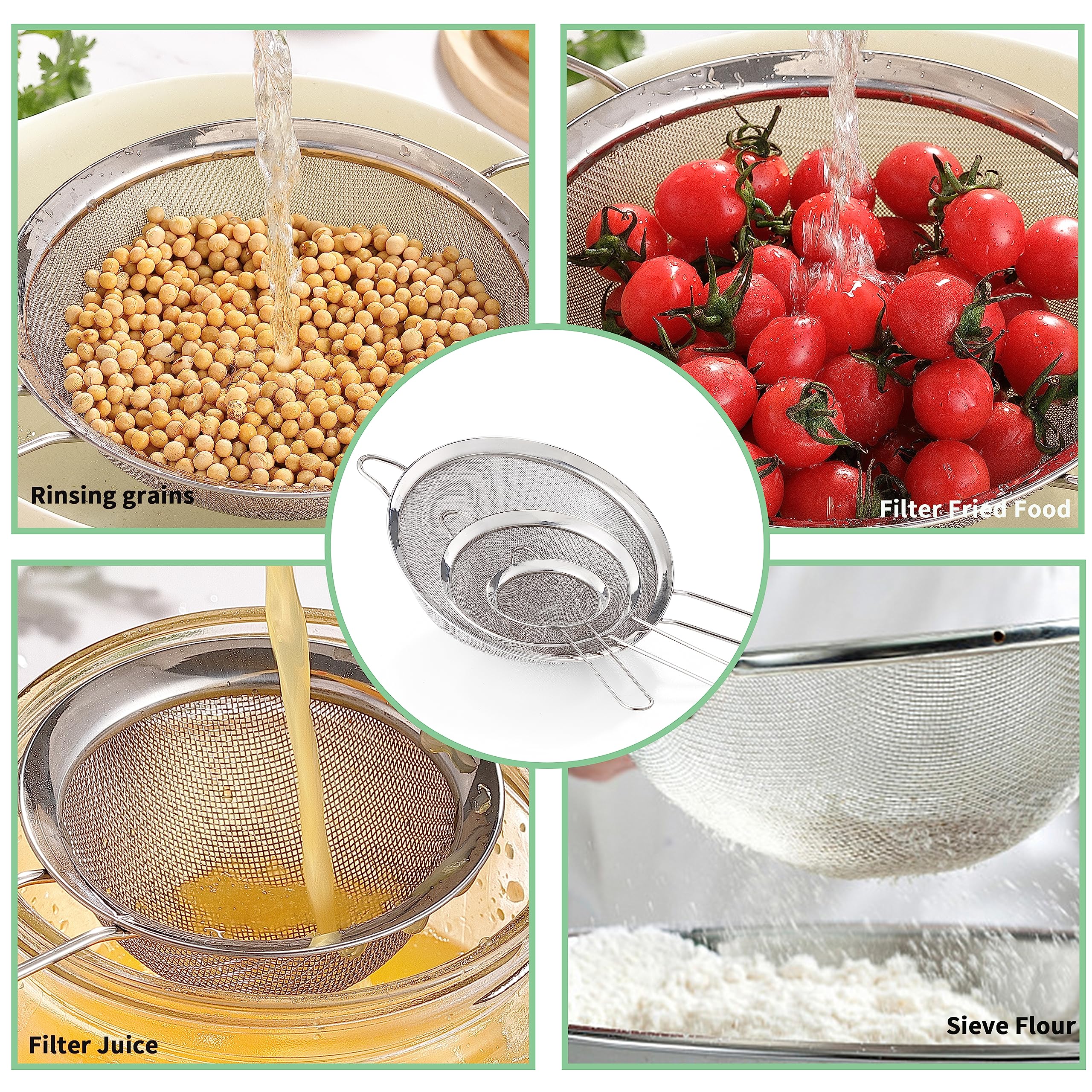 3PCS Fine Mesh Strainers Set, Little Cook Stainless Steel Colanders and Sifters with Sturdy Handle, Perfect for Sift, Strain, Drain and Rinse Vegetables, Pastas and Tea(Large + Medium + Small,3PCS)