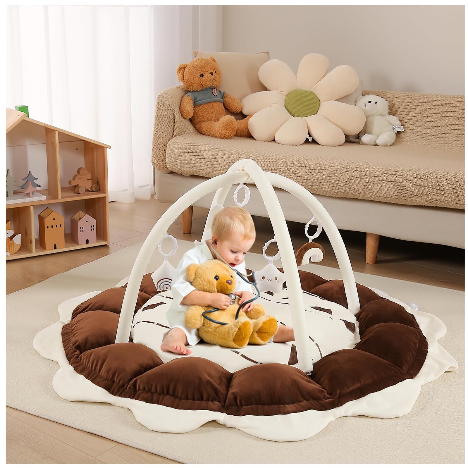 ibabejoy Baby Play Mat, Thick Plush Play Gym for Tummy Time, Stage-Based Develppment Activity Play Gym for Newborn to Toddler, Ball Pit Mat for Infant(Balls are not Included)