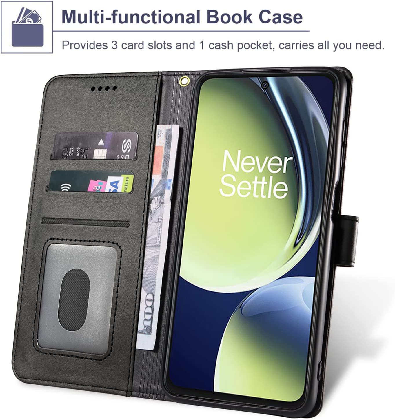 for OnePlus Nord N30 Case and Tempered Glass Screen Protector, PU Leather Flip Cover Wallet Phone Case Protector [Full Protection] [Card Slots] [Kickstand] for OnePlus Nord CE 3 Lite 5G, Black